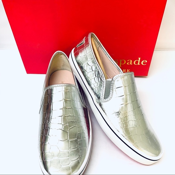 kate spade | Shoes | Kate Spade Croc Embossed Silver Metallic Sneakers ...